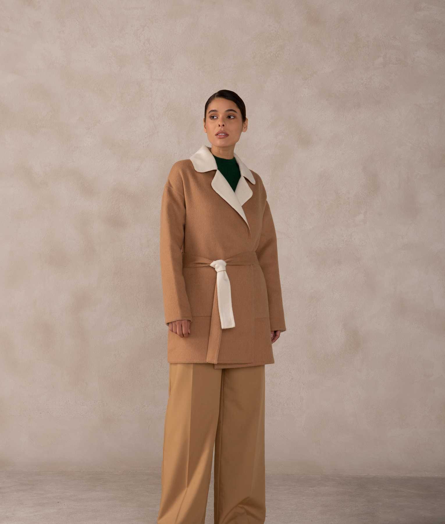 Reversible Wrap Coat - Antique White And Chewy Caramel